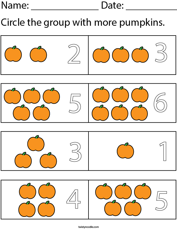 Circle the group that has more pumpkins Math Worksheet - Twisty Noodle